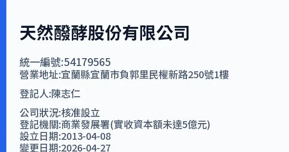 天然醱酵股份有限公司的照片-統編 54179565(宜蘭縣) 公司登記資料與營業項目詳細圖表