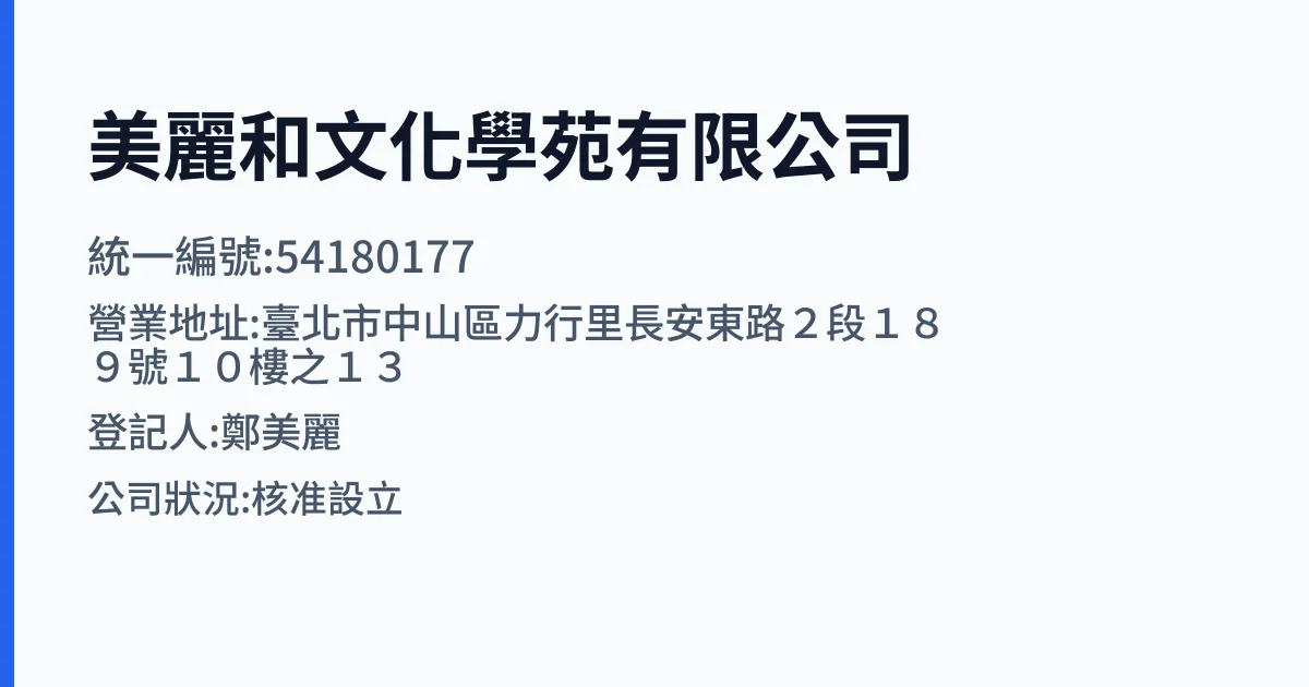 美麗和文化學苑有限公司 - 統編 54180177(臺北市) 公司登記資料與營業項目詳細圖表