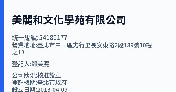 美麗和文化學苑有限公司的照片-統編 54180177(臺北市) 公司登記資料與營業項目詳細圖表
