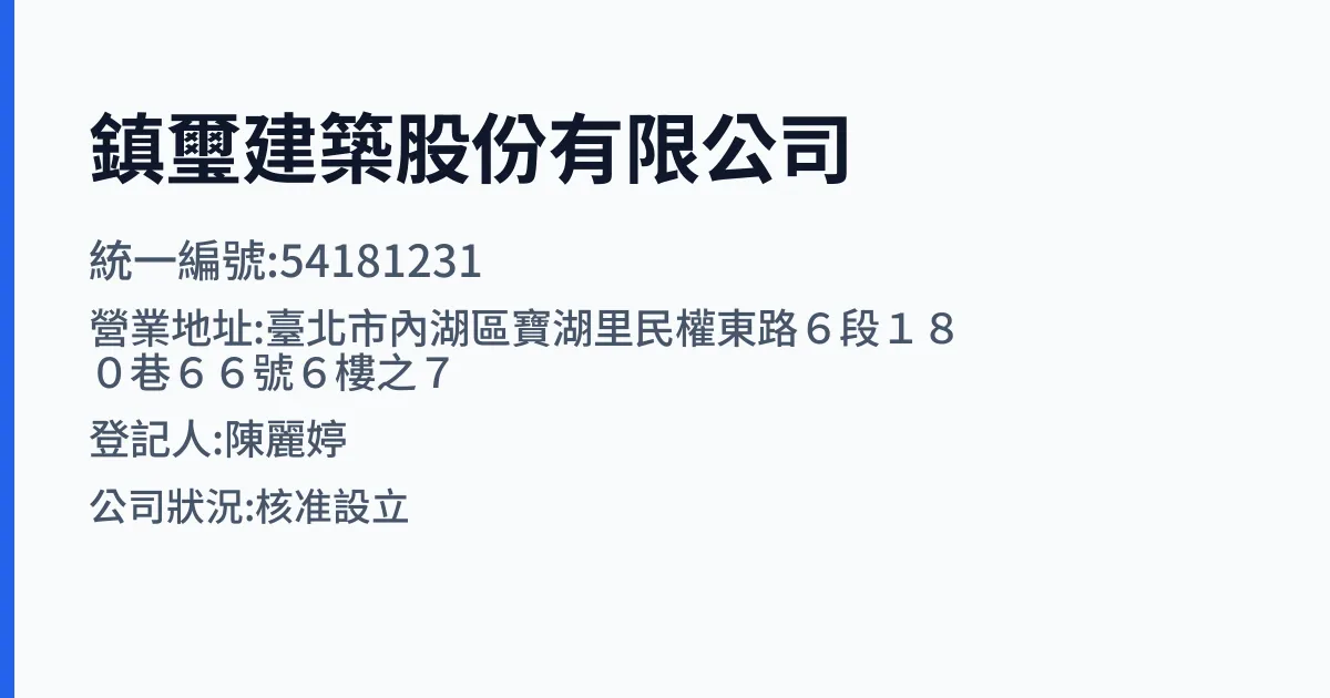鎮璽建築股份有限公司 - 統編 54181231(臺北市) 公司登記資料與營業項目詳細圖表