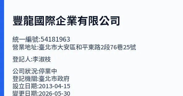 豐龍國際企業有限公司的照片-統編 54181963(臺北市) 公司登記資料與營業項目詳細圖表