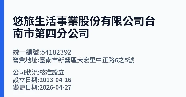 悠旅生活事業股份有限公司台南市第四分公司的照片-統編 54182392(臺南市) 公司登記資料與營業項目詳細圖表