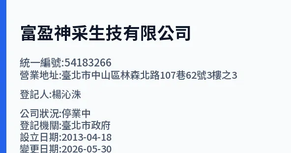富盈神采生技有限公司的照片-統編 54183266(臺北市) 公司登記資料與營業項目詳細圖表