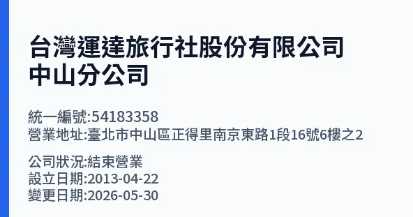 台灣運達旅行社股份有限公司中山分公司的照片-統編 54183358(臺北市) 公司登記資料與營業項目詳細圖表