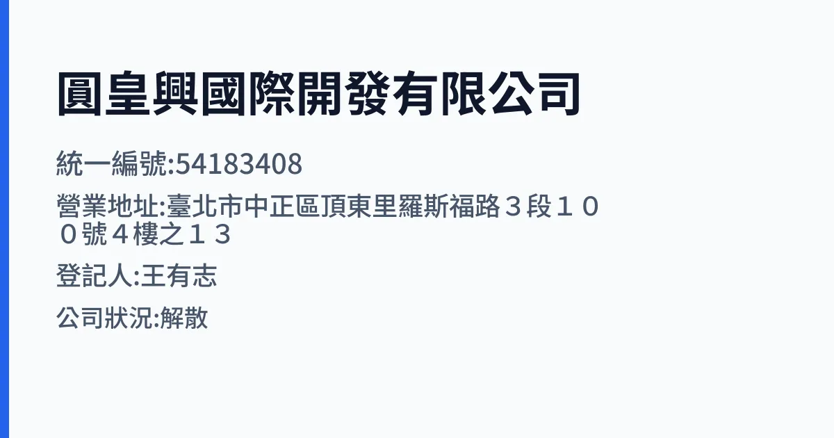 圓皇興國際開發有限公司 - 統編 54183408(臺北市) 公司登記資料與營業項目詳細圖表