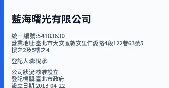 藍海曙光有限公司的照片-統編 54183630(臺北市) 公司登記資料與營業項目詳細圖表