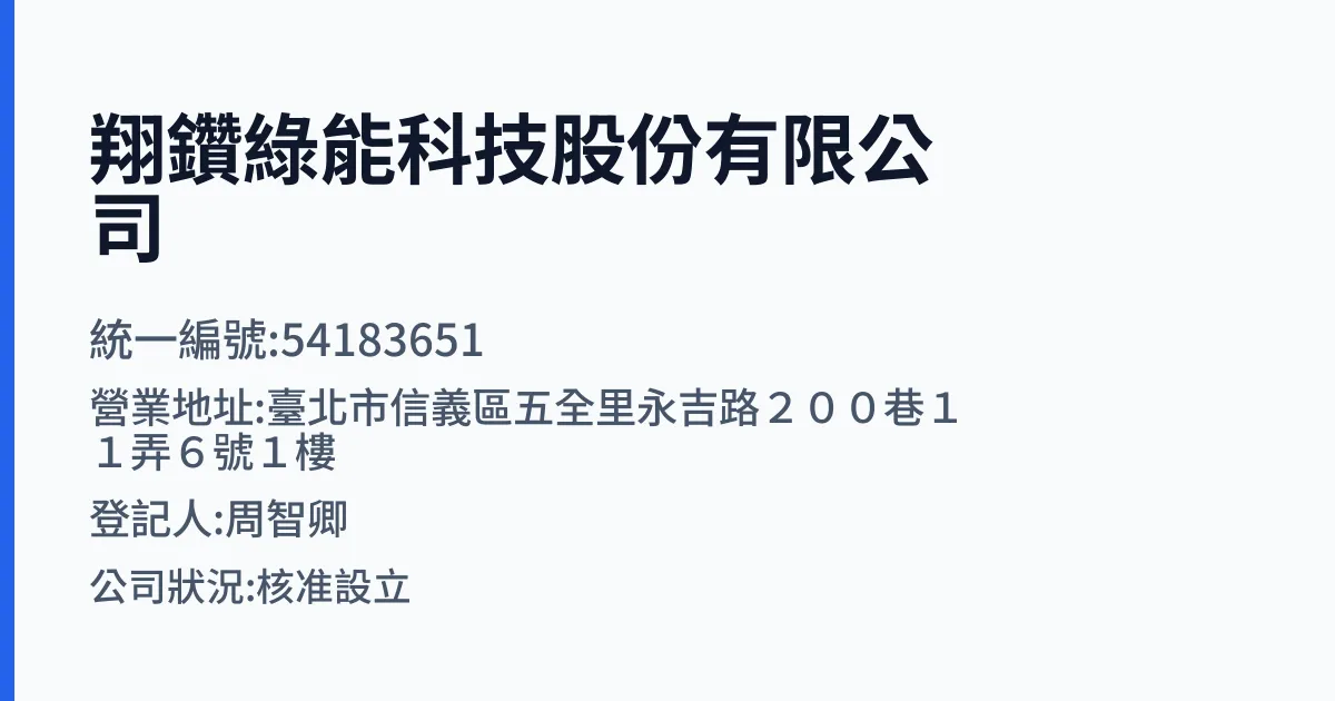 翔鑽綠能科技股份有限公司 - 統編 54183651(臺北市) 公司登記資料與營業項目詳細圖表