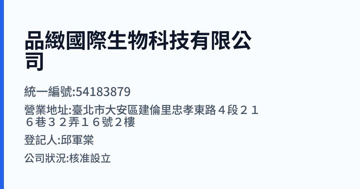 品緻國際生物科技有限公司 - 統編 54183879(臺北市) 公司登記資料與營業項目詳細圖表