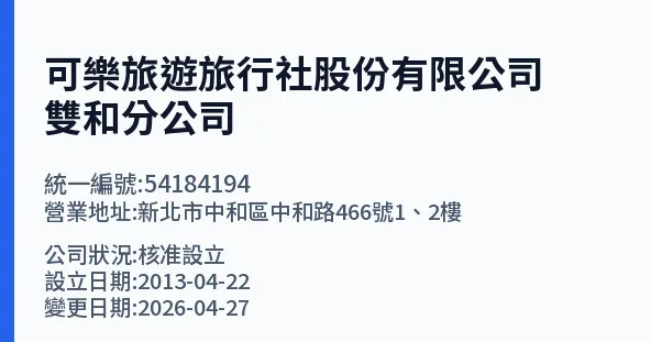 可樂旅遊旅行社股份有限公司雙和分公司的照片-統編 54184194(新北市) 公司登記資料與營業項目詳細圖表