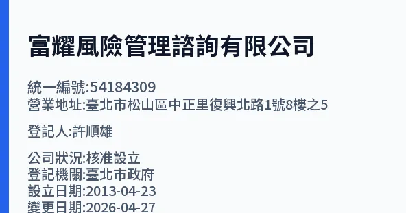富耀風險管理諮詢有限公司的照片-統編 54184309(臺北市) 公司登記資料與營業項目詳細圖表