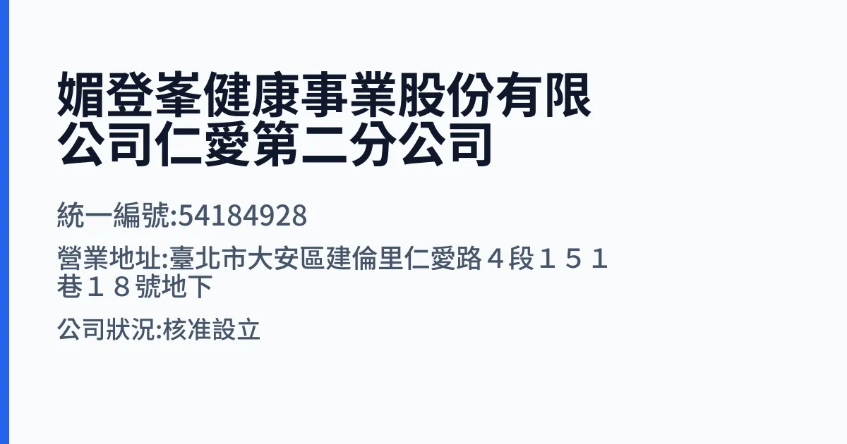 媚登峯健康事業股份有限公司仁愛第二分公司 - 統編 54184928(臺北市) 公司登記資料與營業項目詳細圖表