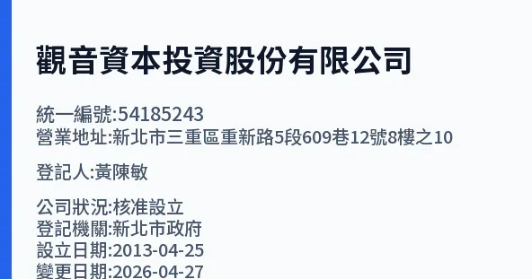 觀音資本投資股份有限公司的照片-統編 54185243(新北市) 公司登記資料與營業項目詳細圖表