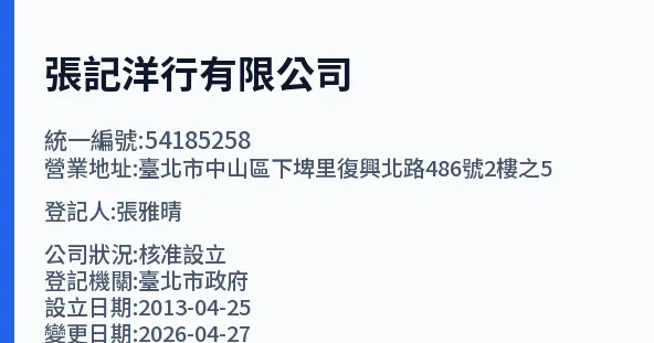 張記洋行有限公司的照片-統編 54185258(臺北市) 公司登記資料與營業項目詳細圖表