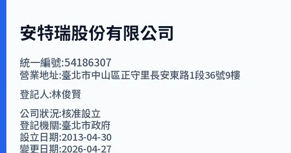 安特瑞股份有限公司的照片-統編 54186307(臺北市) 公司登記資料與營業項目詳細圖表