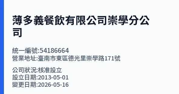 薄多義餐飲有限公司崇學分公司的照片-統編 54186664(臺南市) 公司登記資料與營業項目詳細圖表