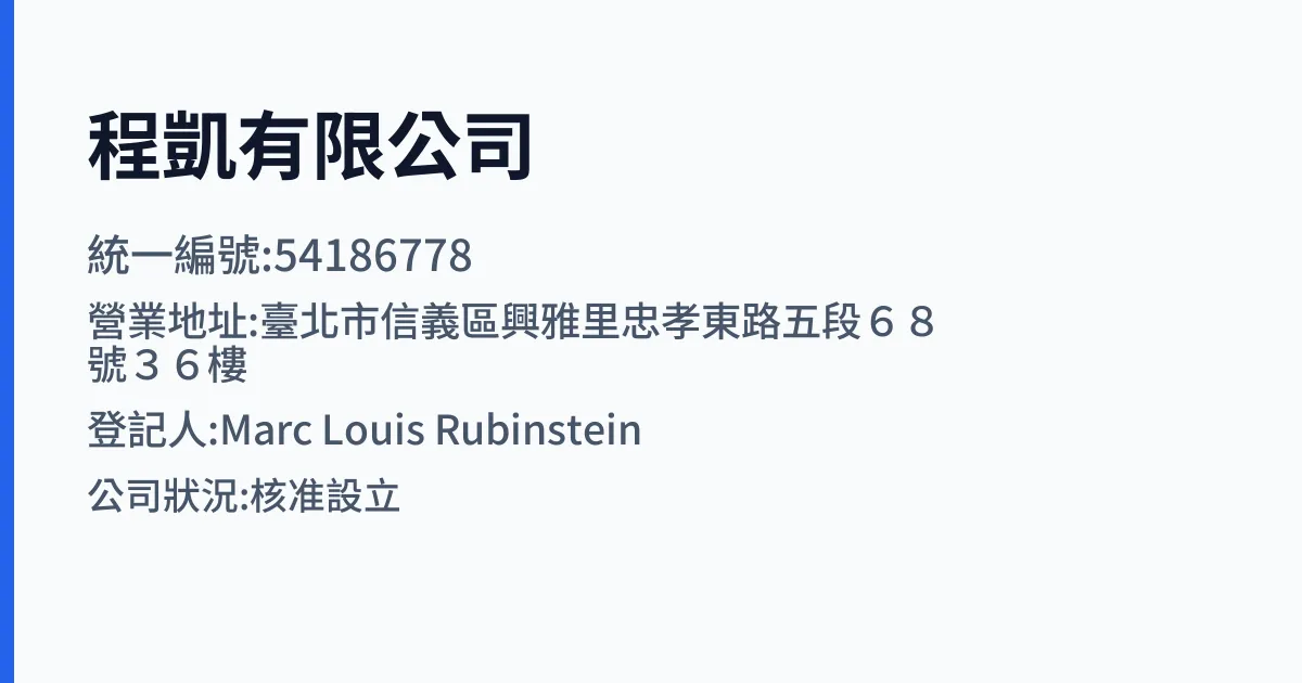 程凱有限公司 - 統編 54186778(臺北市) 公司登記資料與營業項目詳細圖表