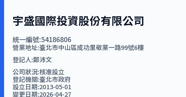 宇盛國際投資股份有限公司的照片-統編 54186806(臺北市) 公司登記資料與營業項目詳細圖表