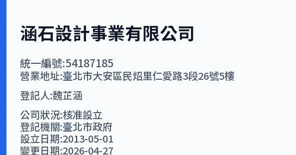 涵石設計事業有限公司的照片-統編 54187185(臺北市) 公司登記資料與營業項目詳細圖表