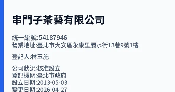 串門子茶藝有限公司的照片-統編 54187946(臺北市) 公司登記資料與營業項目詳細圖表
