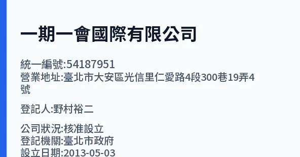 一期一會國際有限公司的照片-統編 54187951(臺北市) 公司登記資料與營業項目詳細圖表
