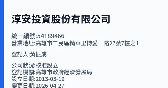 淳安投資股份有限公司的照片-統編 54189466(高雄市) 公司登記資料與營業項目詳細圖表