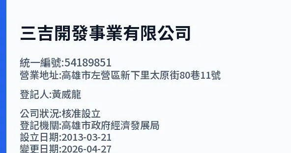 三吉開發事業有限公司的照片-統編 54189851(高雄市) 公司登記資料與營業項目詳細圖表