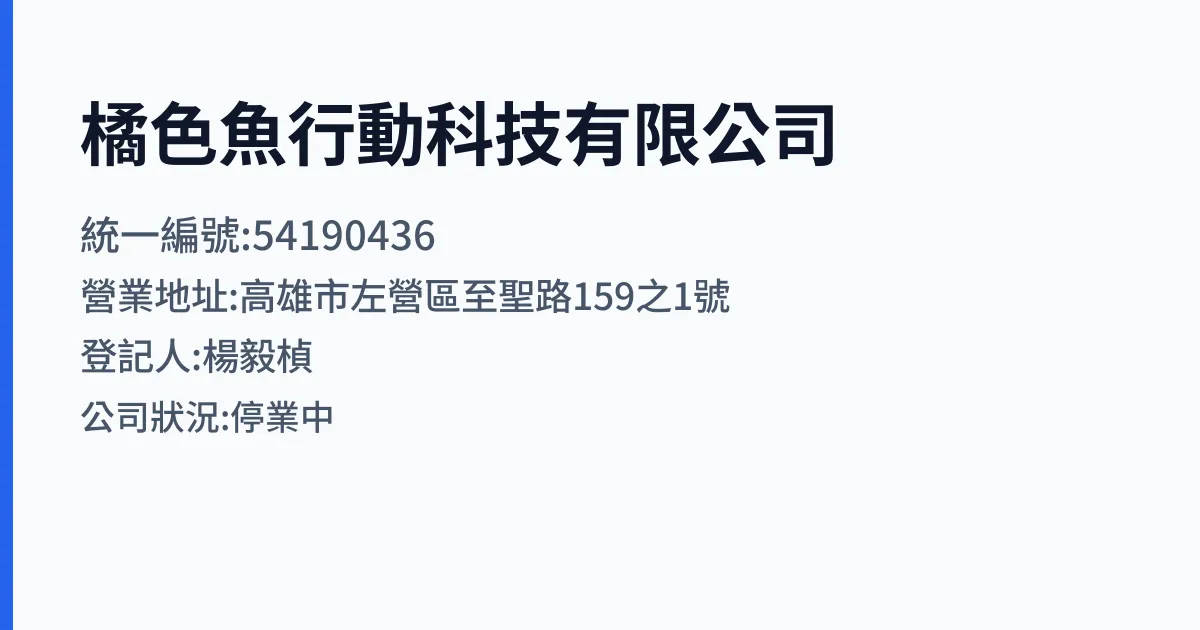 橘色魚行動科技有限公司 - 統編 54190436(高雄市) 公司登記資料與營業項目詳細圖表