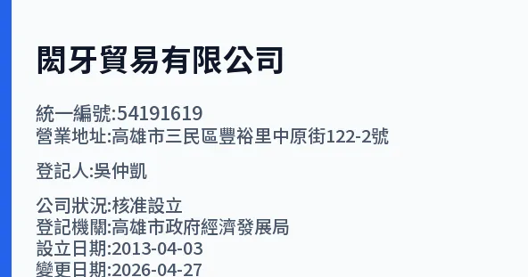 閎牙貿易有限公司的照片-統編 54191619(高雄市) 公司登記資料與營業項目詳細圖表