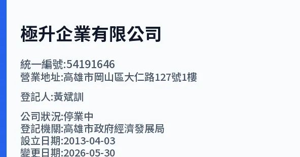 極升企業有限公司的照片-統編 54191646(高雄市) 公司登記資料與營業項目詳細圖表