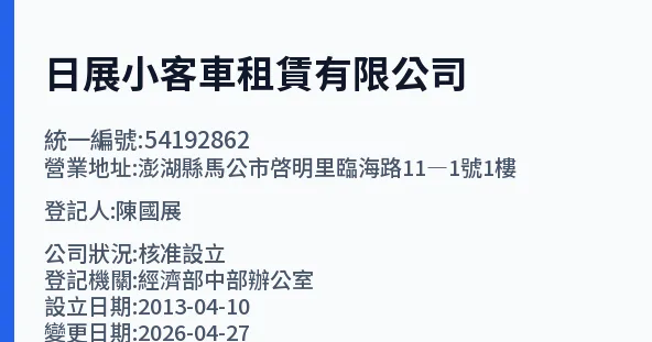 日展小客車租賃有限公司的照片-統編 54192862(澎湖縣) 公司登記資料與營業項目詳細圖表