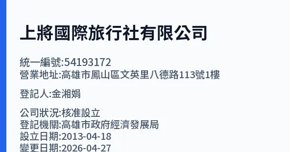 上將國際旅行社有限公司的照片-統編 54193172(高雄市) 公司登記資料與營業項目詳細圖表
