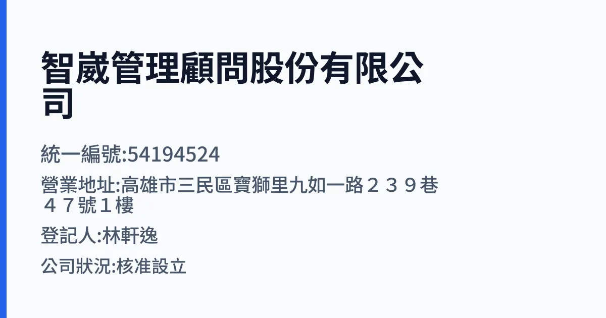 智崴管理顧問股份有限公司 - 統編 54194524(高雄市) 公司登記資料與營業項目詳細圖表