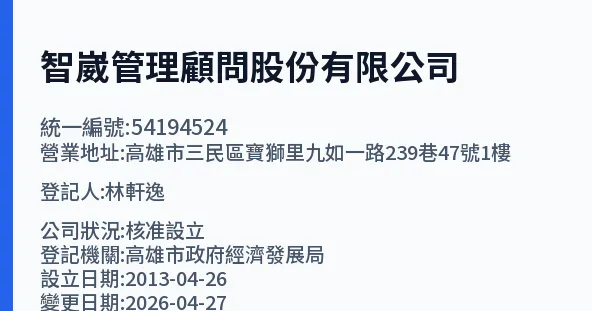 智崴管理顧問股份有限公司的照片-統編 54194524(高雄市) 公司登記資料與營業項目詳細圖表
