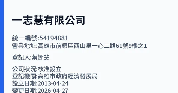 一志慧有限公司的照片-統編 54194881(高雄市) 公司登記資料與營業項目詳細圖表