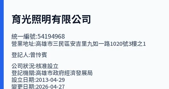 育光照明有限公司的照片-統編 54194968(高雄市) 公司登記資料與營業項目詳細圖表