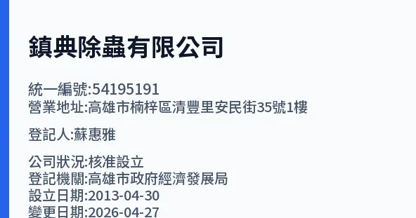 鎮典除蟲有限公司的照片-統編 54195191(高雄市) 公司登記資料與營業項目詳細圖表