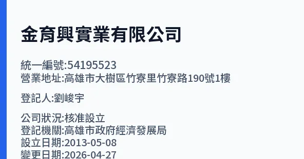 金育興實業有限公司的照片-統編 54195523(高雄市) 公司登記資料與營業項目詳細圖表