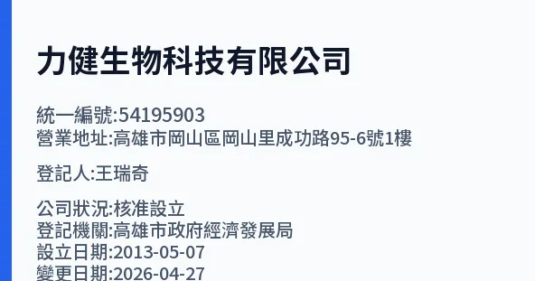 力健生物科技有限公司的照片-統編 54195903(高雄市) 公司登記資料與營業項目詳細圖表
