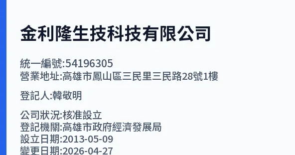金利隆生技科技有限公司的照片-統編 54196305(高雄市) 公司登記資料與營業項目詳細圖表