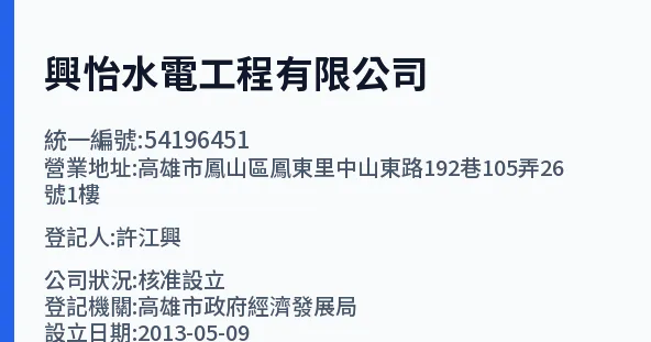 興怡水電工程有限公司的照片-統編 54196451(高雄市) 公司登記資料與營業項目詳細圖表
