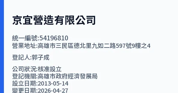 京宜營造有限公司的照片-統編 54196810(高雄市) 公司登記資料與營業項目詳細圖表