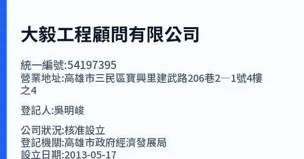 大毅工程顧問有限公司的照片-統編 54197395(高雄市) 公司登記資料與營業項目詳細圖表