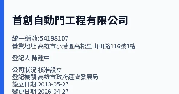 首創自動門工程有限公司的照片-統編 54198107(高雄市) 公司登記資料與營業項目詳細圖表