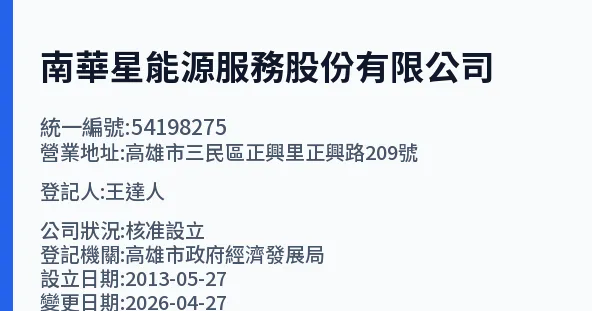 南華星能源服務股份有限公司的照片-統編 54198275(高雄市) 公司登記資料與營業項目詳細圖表