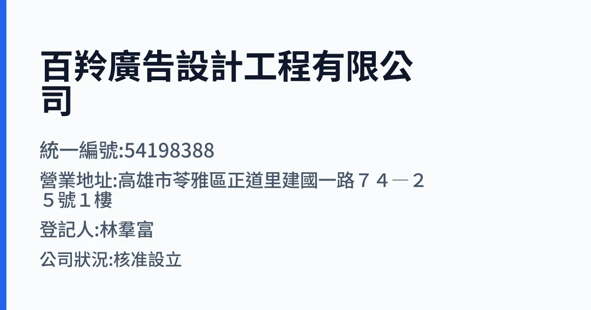 百羚廣告設計工程有限公司 - 統編 54198388(高雄市) 公司登記資料與營業項目詳細圖表