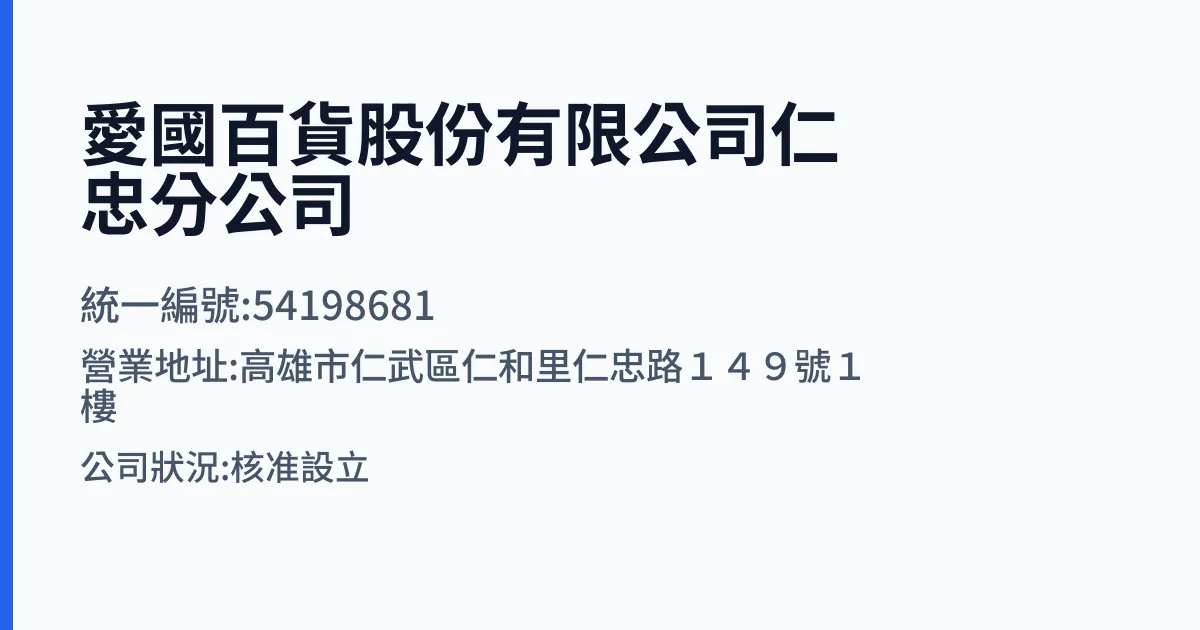 愛國百貨股份有限公司仁忠分公司 - 統編 54198681(高雄市) 公司登記資料與營業項目詳細圖表