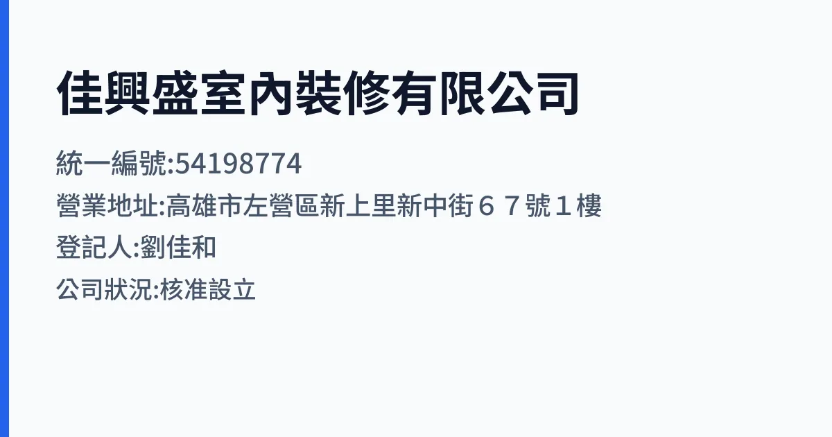 佳興盛室內裝修有限公司 - 統編 54198774(高雄市) 公司登記資料與營業項目詳細圖表