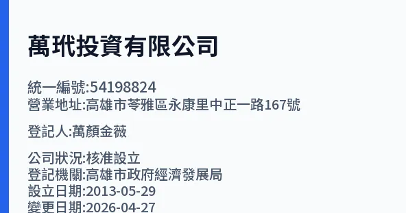 萬玳投資有限公司的照片-統編 54198824(高雄市) 公司登記資料與營業項目詳細圖表