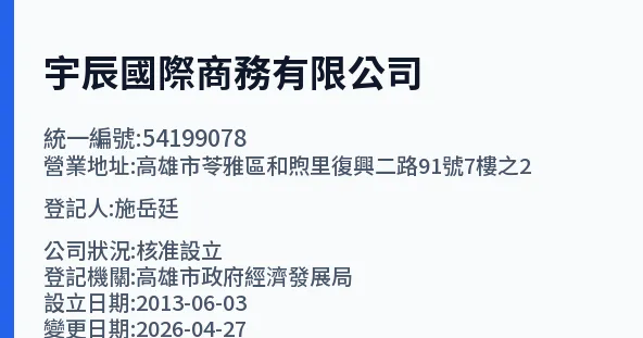 宇辰國際商務有限公司的照片-統編 54199078(高雄市) 公司登記資料與營業項目詳細圖表