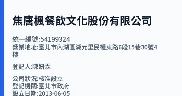 焦唐楓餐飲文化股份有限公司的照片-統編 54199324(臺北市) 公司登記資料與營業項目詳細圖表